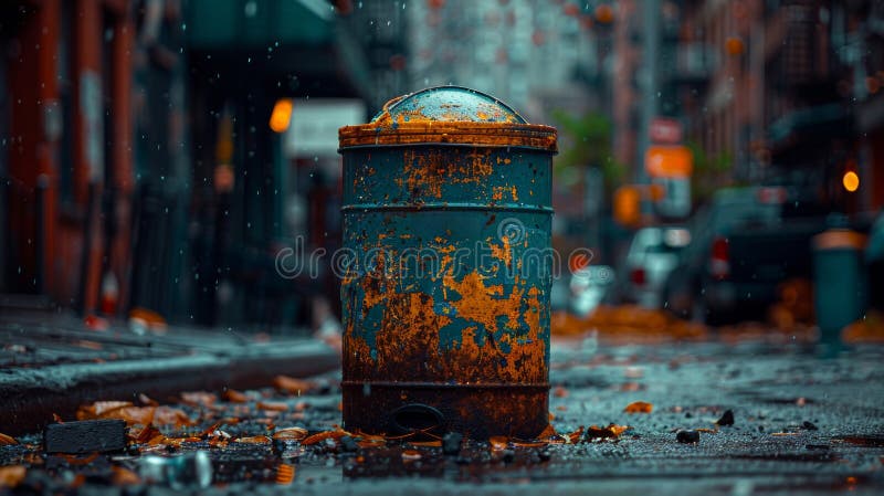 Weathered Trash Bin on a Rainy City Street Stock Image - Image of fall, garbage: 315954749