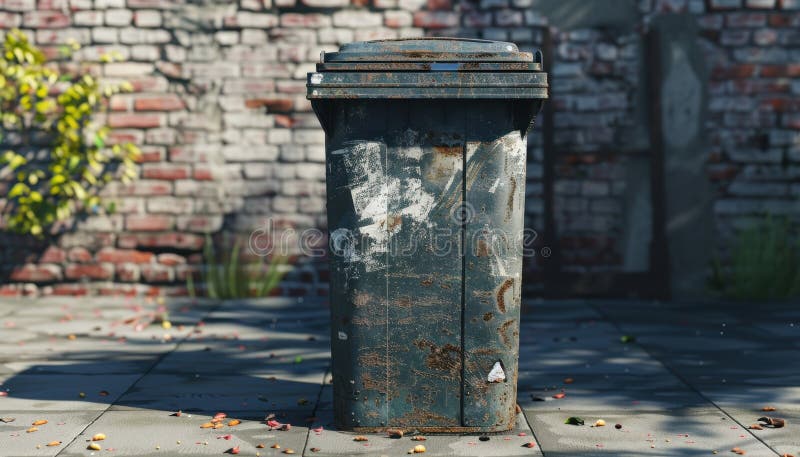 Rusty Trash Bin Against a Brick Wall Surrounded by Fallen Leaves during ...