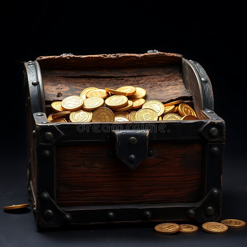 A Weathered Treasure Chest Half Open, Revealing Glittering Gold Coins ...