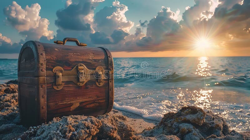 Weathered Treasure Chest on Sandy Shore at Sunset with Waves Generative ...