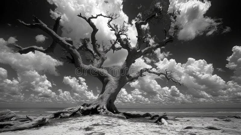 Weathered Tree on a Dramatic Beach Landscape Stock Illustration ...