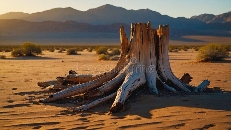Ancient Weathered Tree Stump in Desert Landscape at Sunset Stock ...