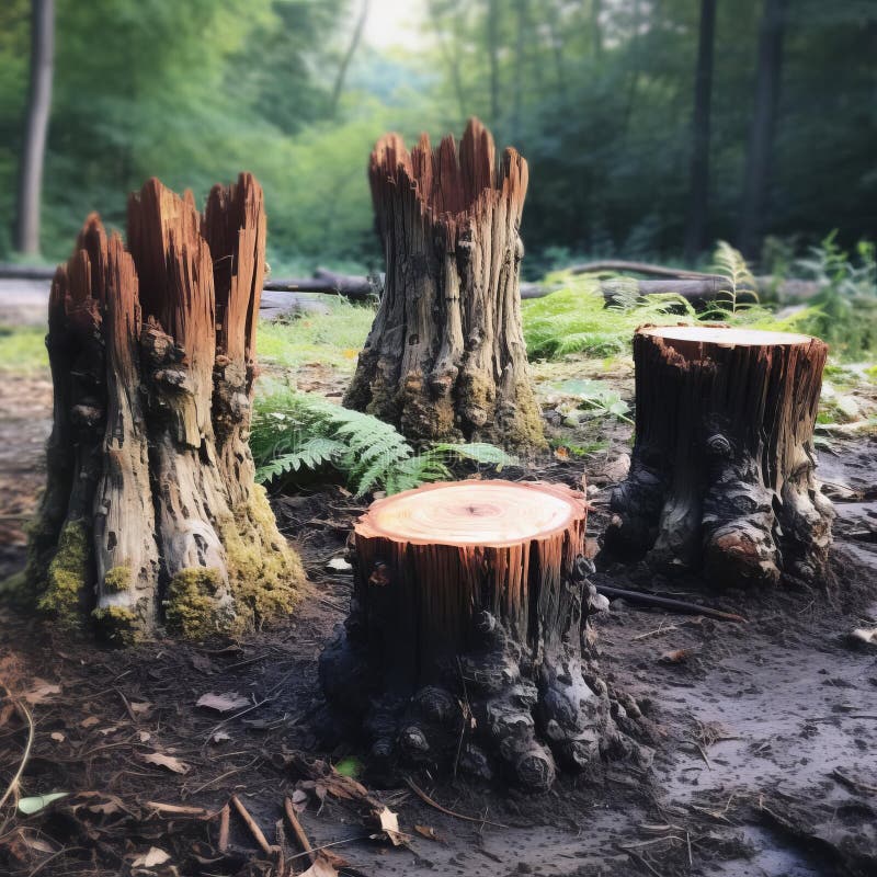 Weathered Tree Stumps Amidst Lush Forest Landscape Photography Stock ...