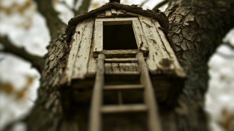 Weathered Treehouse in a Tree, Featuring a Rustic Ladder Leading To a ...