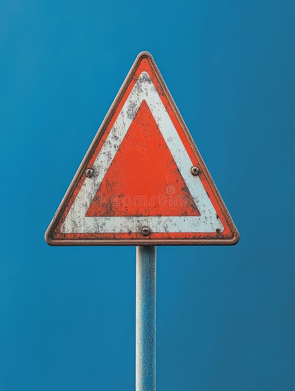 A Weathered Triangular Traffic Sign on a Blue Background. Stock Photo ...