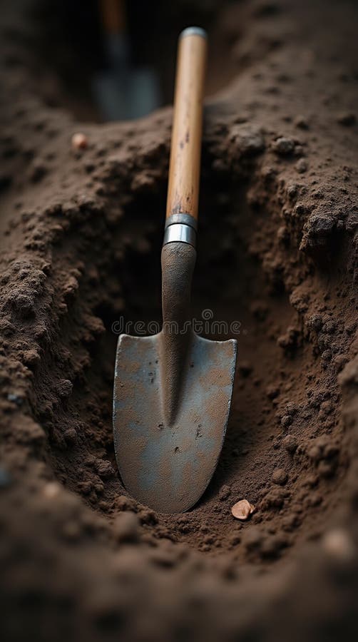 Weathered Trowel in Archaeological Dig with Dark Soil Texture Stock ...
