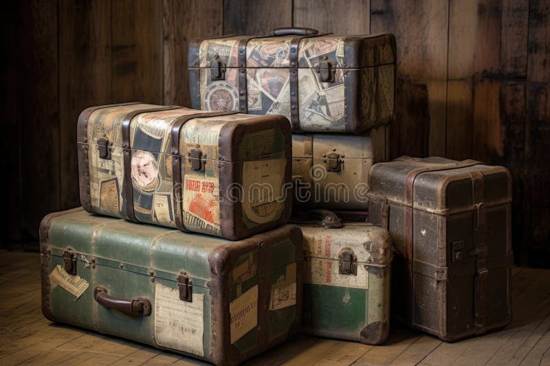 Weathered Trunks with Old Travel Stickers Stock Illustration ...