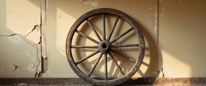 A Weathered Wagon Wheel is Mounted on a Faded Wooden Wall Stock Image ...