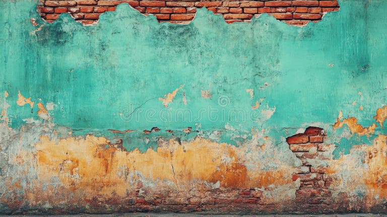 Weathered Wall Texture Showing Brick and Teal Paint Stock Illustration ...