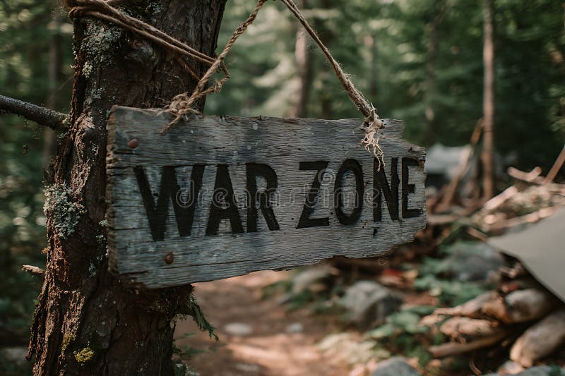 Weathered "War Zone" Sign Hanging on Tree in Forest Setting with Rope ...
