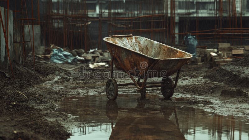 Weathered Wheelbarrow in Rainy Construction Site Setting Stock ...