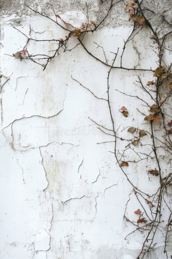 Weathered White Wall with Brown Vines and Reddish Leaves Stock ...