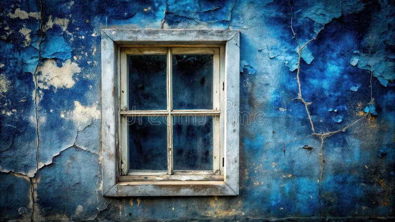 A Weathered Window Frame Set within a Distressed Blue Wall, Showing the ...