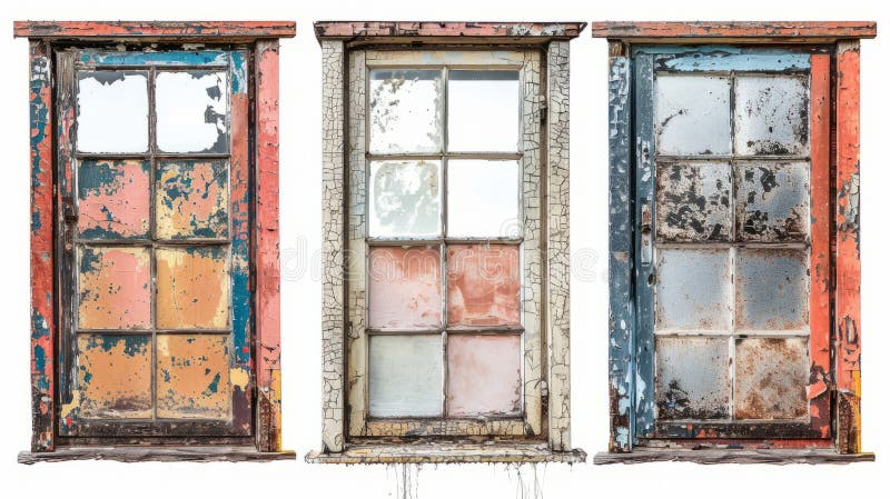 Weathered Windows Showcasing Peeling Paint in a Rustic Setting Stock ...