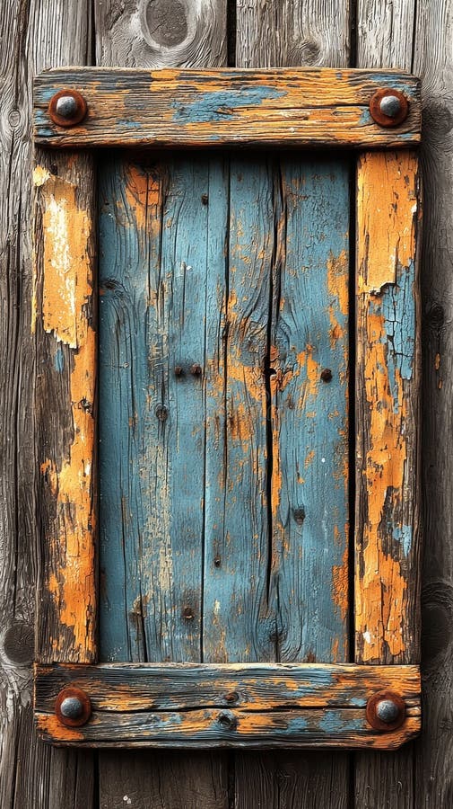 Weathered Wood Frame with Blue and Orange Paint on Rustic Background ...