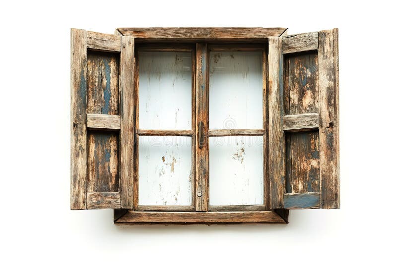 Weathered Wood Window with Open Shutters Against a White Wall ...