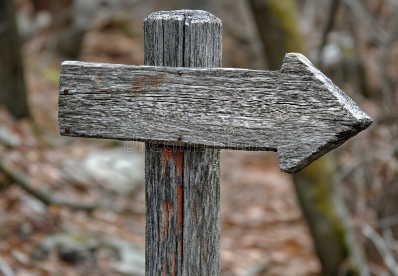 A Weathered Wooden Arrow Sign Points Left in a Forest Setting Stock ...