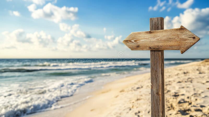 Weathered Wooden Arrow Sign on Sandy Beach by Ocean Stock Illustration ...