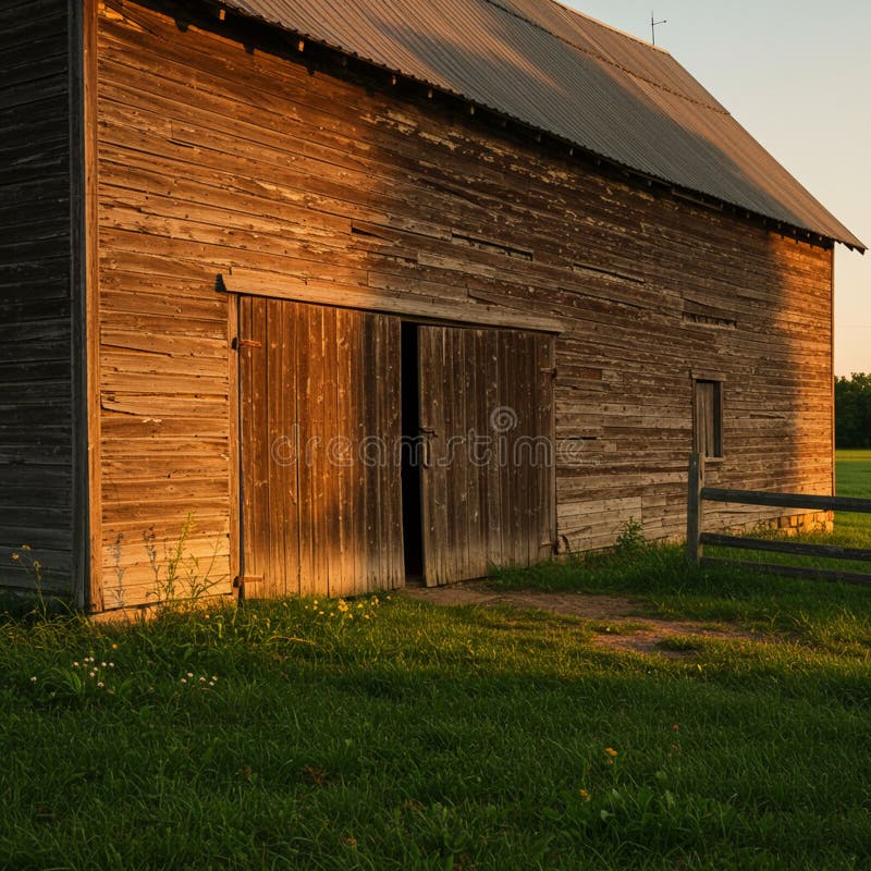 A Weathered Wooden Barn with Large Double Doors is Bathed in the Warm ...