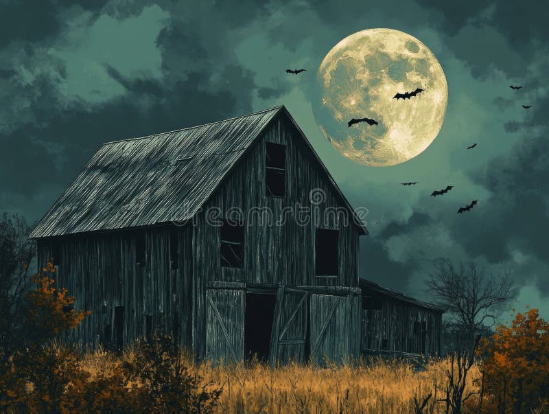 A Weathered Wooden Barn Under a Full Moon with Flying Bats Stock ...