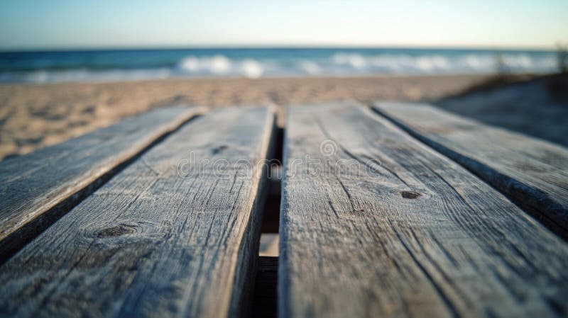 Weathered Wooden Beach Table with Ocean View Stock Illustration ...