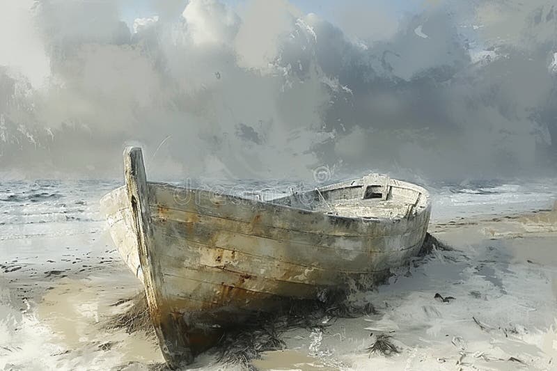 A Weathered Wooden Boat Beached on a White Sandy Shore, with Dramatic ...
