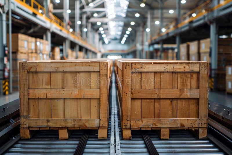Weathered Wooden Crate Box on Conveyor Belt in Warehouse Storage ...