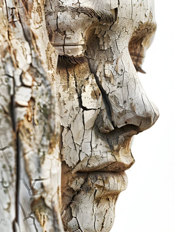 Weathered Wooden Face with Intricate Carving and Mystical Expression ...