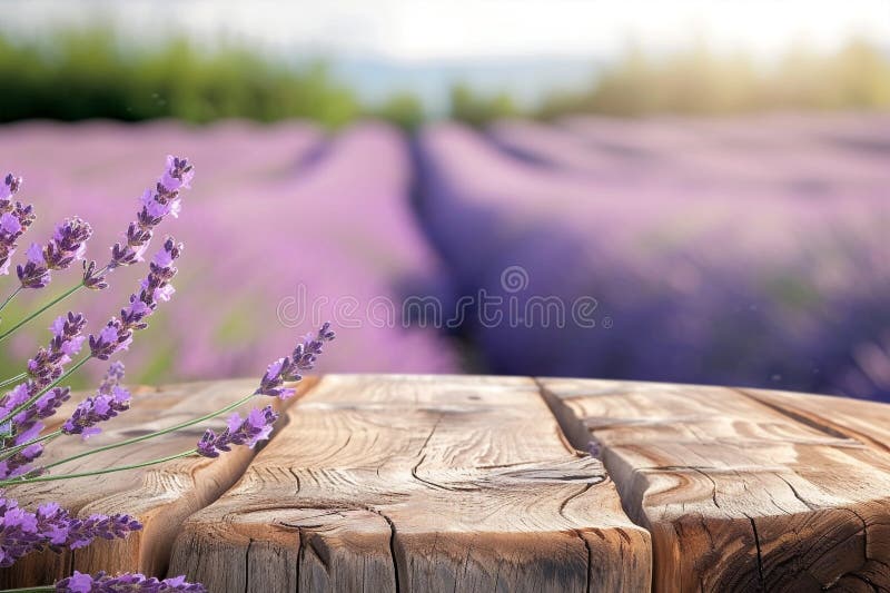 Weathered Wooden Product Table Display, Lavender Fields on Background ...