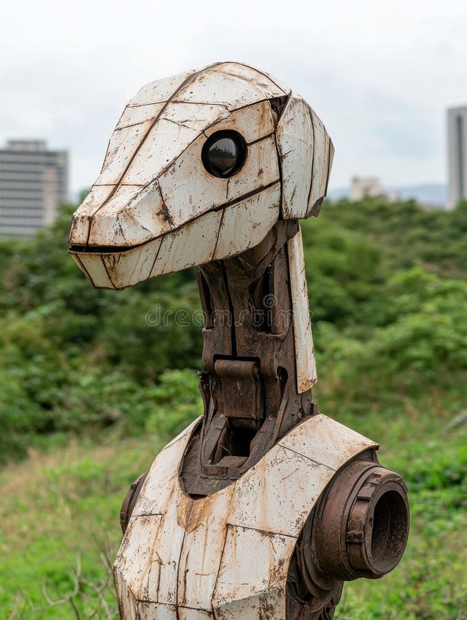 Weathered Wooden Robot Sculpture in Urban Environment Stock ...