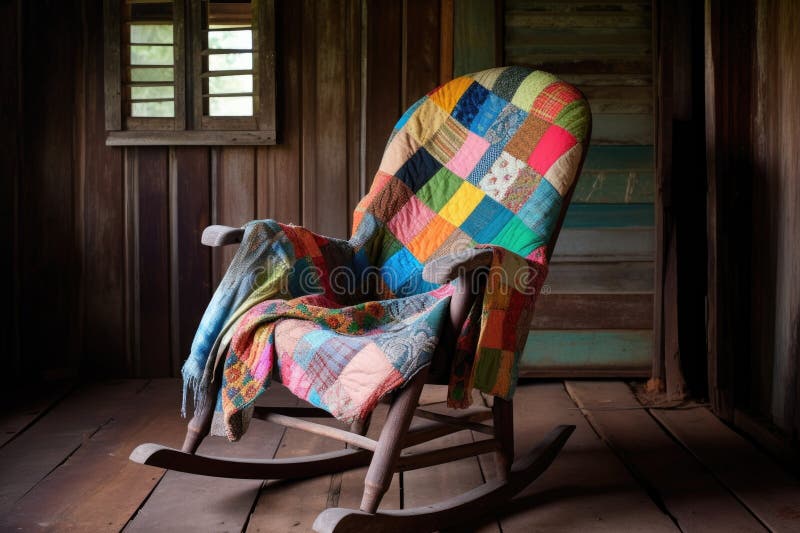 A Weathered Wooden Rocking Chair with a Patchwork Quilt Draped Over it ...