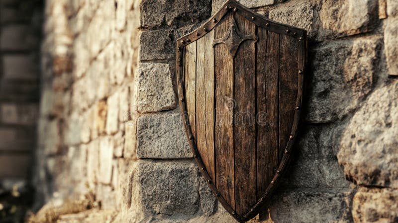 Weathered Wooden Shield Leaning Against a Castle Wall Stock ...