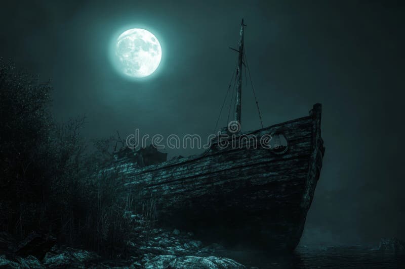 A Weathered Wooden Ship Resting Under a Full Moon Stock Illustration ...