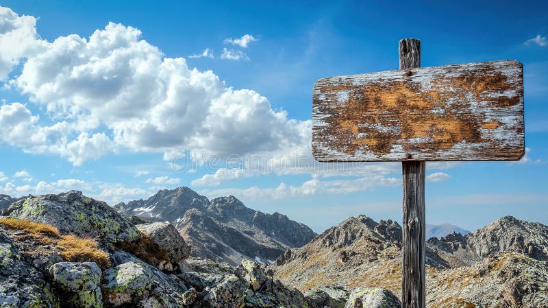 Weathered Wooden Sign with Mountains and Clouds in the Background Stock ...