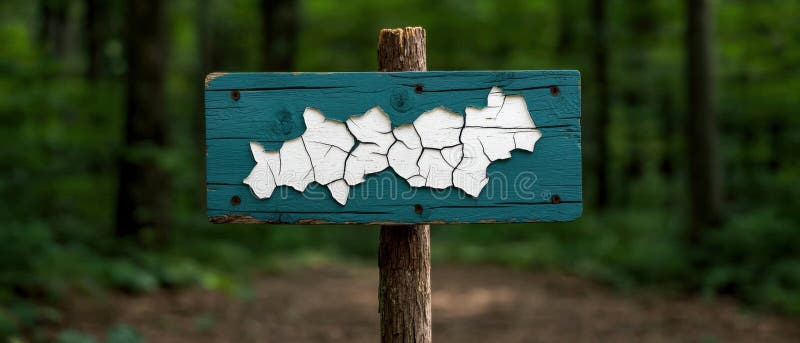 A Weathered Wooden Sign with a White Painted Design of a Mountain Range ...