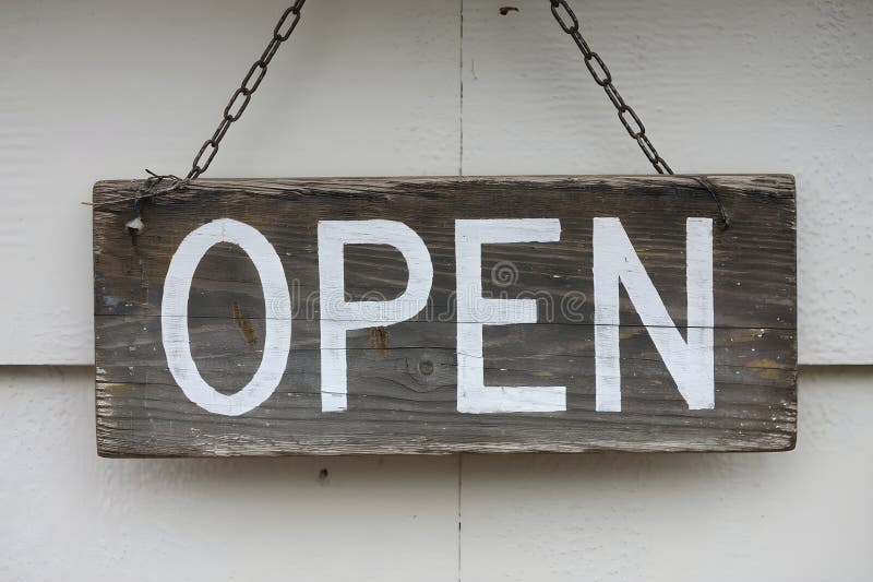 Weathered Wooden Signboard with OPEN Written in White Letters on White ...