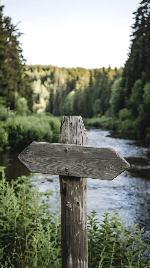 Weathered Wooden Signpost Near a Winding River, Lush Greenery and ...