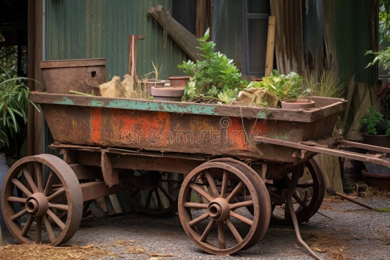 Weathered Wooden Wagon with Rusty Metal Details Stock Illustration ...