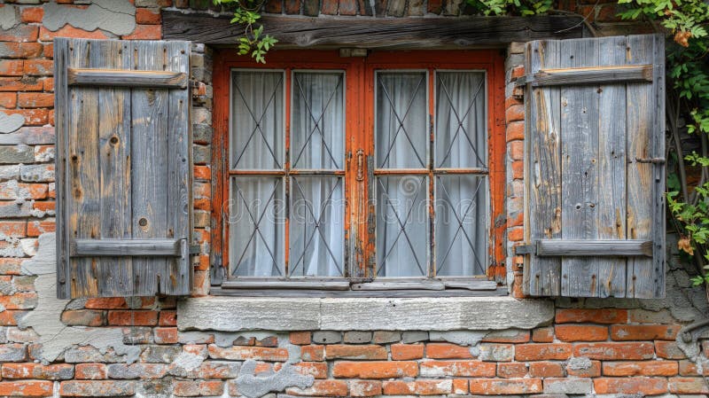 A Weathered Wooden Window with Shutters on a Red Brick Wall Stock Image ...