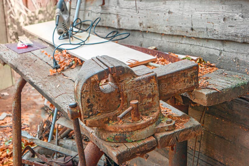 Weathered Workbench with Rusty Metal Clumpink Stock Image - Image of ...