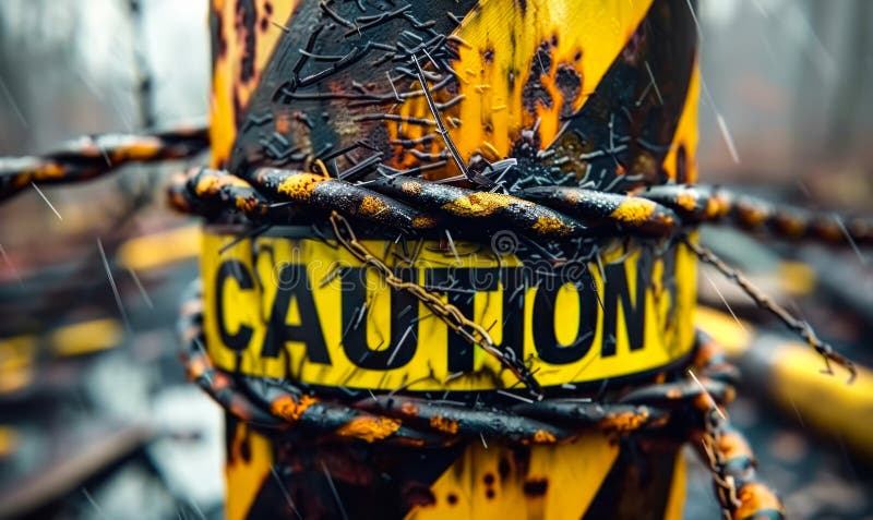 Weathered and Worn Caution Tape Wrapped Around a Rusty Pole, Signaling ...