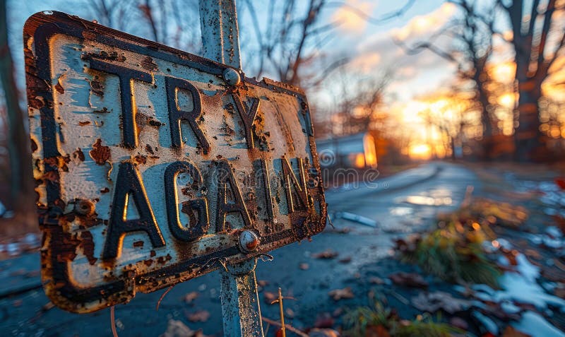 Weathered and Worn TRY AGAIN Sign Stands by a Country Road, Symbolizing ...