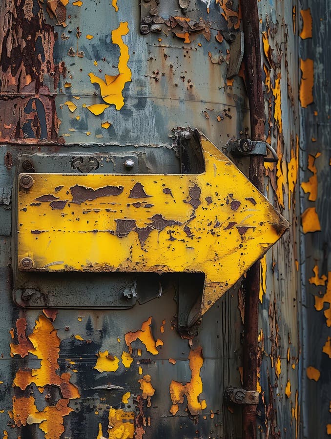 Weathered Yellow Arrow Sign Rusty Peeling Metal Surface Stock Photos ...