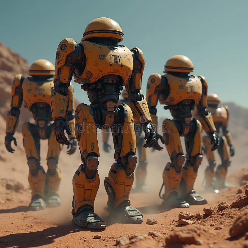 Weathered Yellow Humanoid Robots Marching through Red Desert Landscape ...