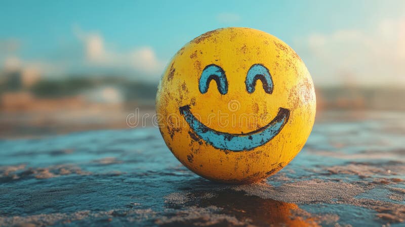 A Weathered, Yellow Smiley Face Sphere Rests on a Damp Surface Stock ...