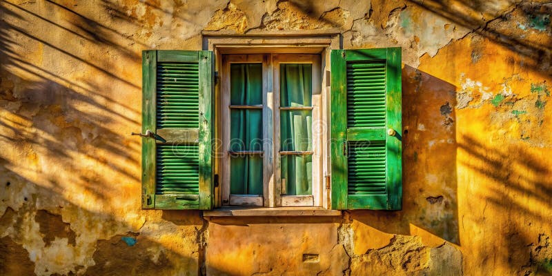 A Weathered Yellow Stucco Wall with a Partially Open Green Window Shutter and Sunlight Casting ...