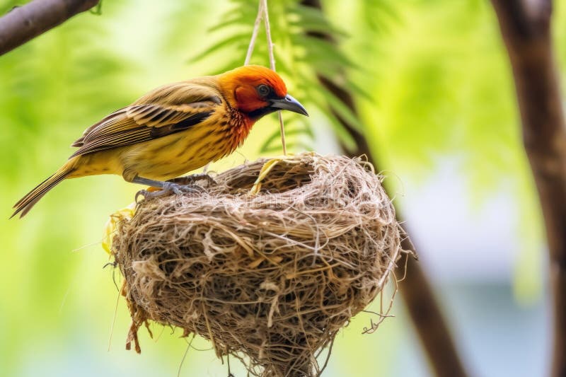 Weaver Bird Weaving Nest on Tree Branch Stock Image - Image of ...