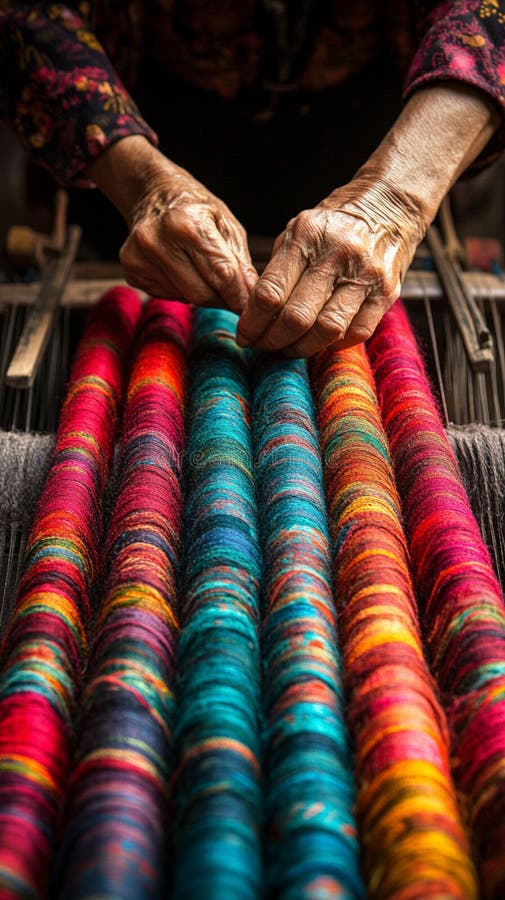 Weaver Skillfully Creating Colorful Textiles Using a Traditional Loom ...