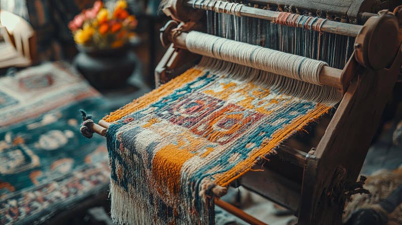 A Weaving Loom with Colorful Threads and a Partially Finished Textile ...