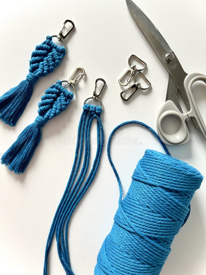 Weaving Macrame. Materials for Macrame. Blue Cord, Metal Carabiners ...